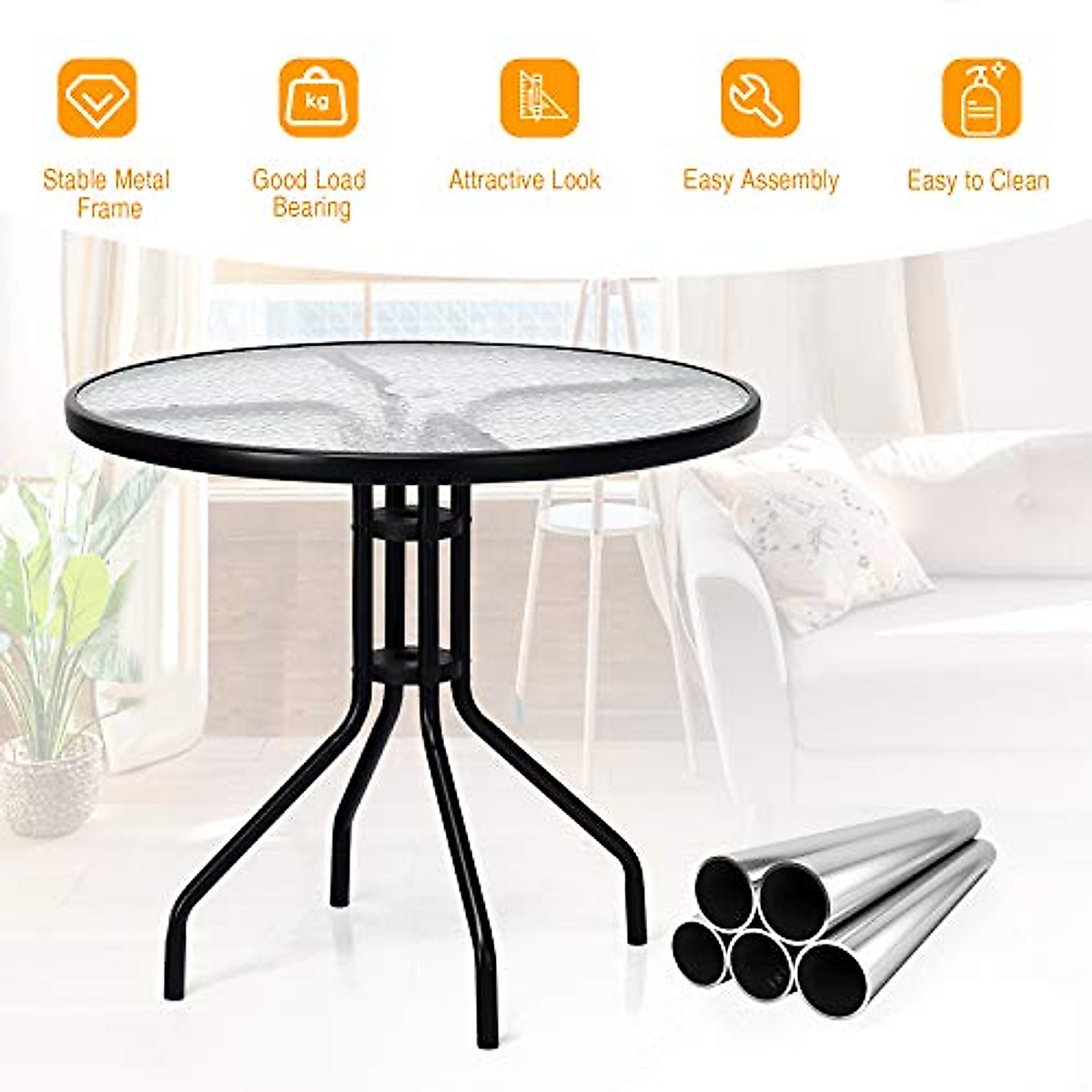 Goplus 32" Outdoor Round Patio Table with Umbrella Hole, All Weather Dining Table Tempered Glass Top, Bistro Table Coffee Table Furniture Commercial Party Event for Backyard Lawn Balcony Pool