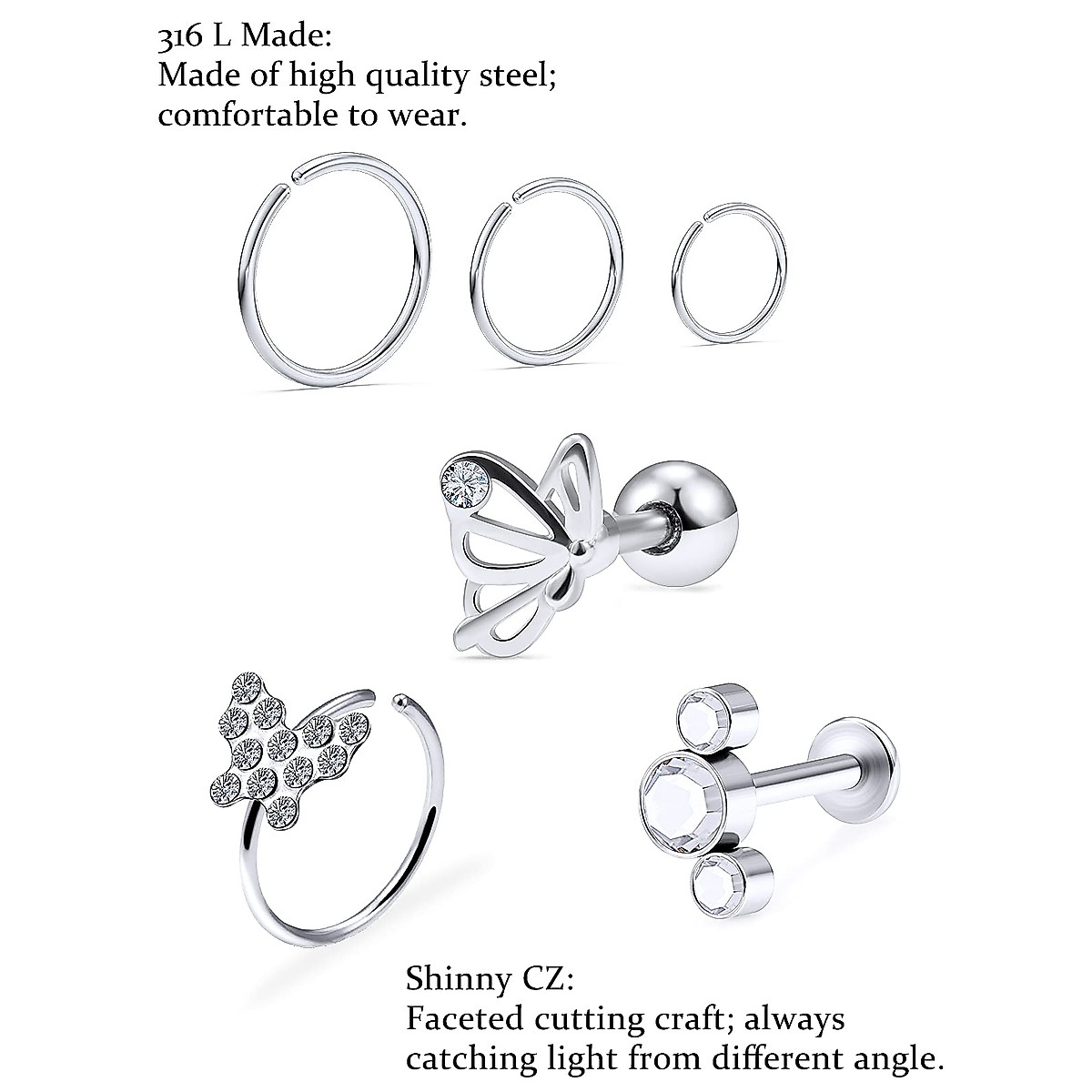 Oufksiyy tragus piercing jewelry 16G surgical steel tragus earrings for women cartilage earring Stud s Hoop butterfly cz Rook Piercing Jewelry For mens earrings Silver