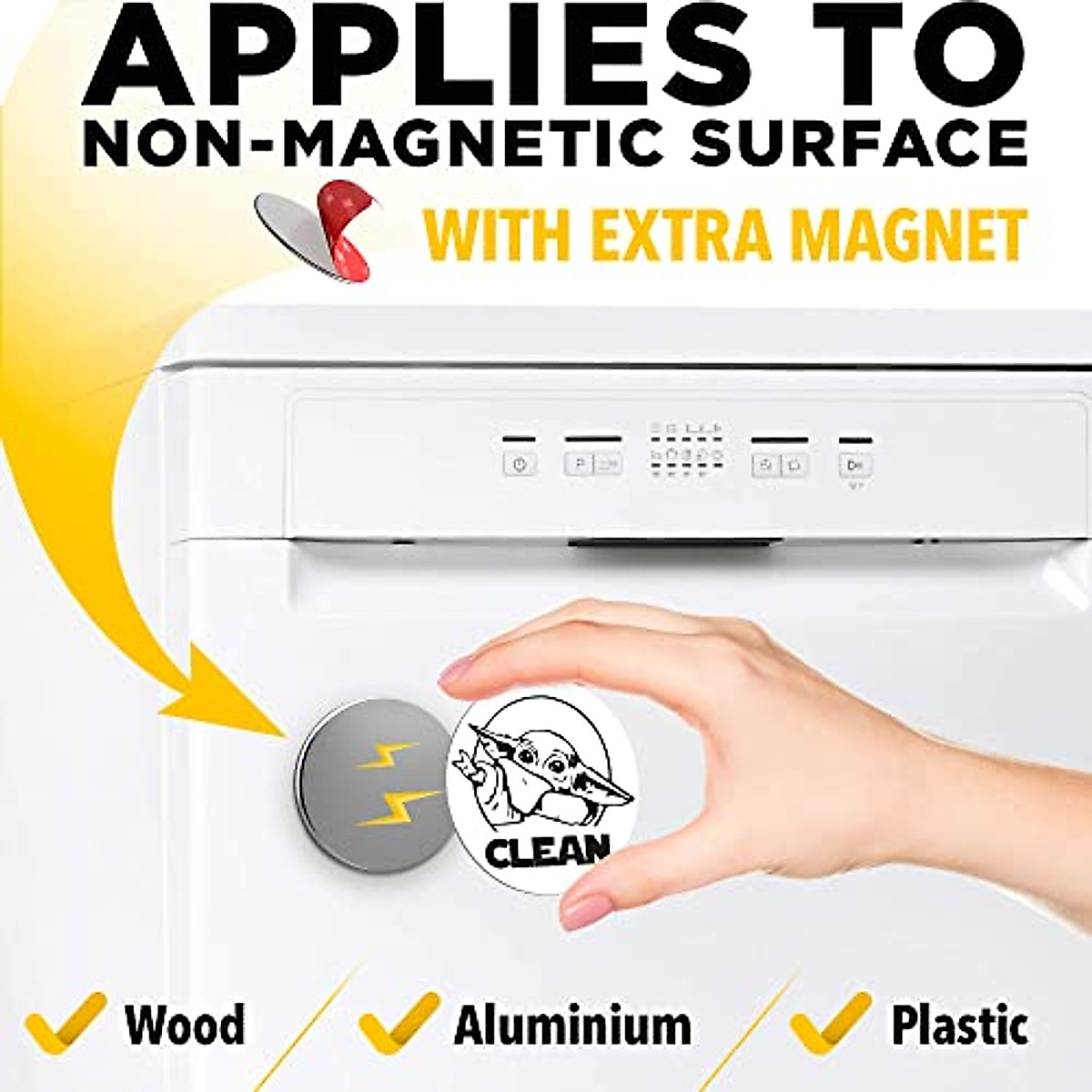 Dishwasher Magnet Clean Dirty Sign Indicator - Clean Dirty Dishwasher Magnet - Kitchen Dish Washer Magnet - Waterproof and Double Sided Flip with Bonus Adhesive Metal Plate (Black & White)