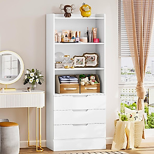 Hasuit Tall Bookshelf with Drawers Bookcase with 3 Drawers and 3-Tier Open Shelves Tall White Bookshelf with Anti-Tipping Kits Wood Bookshelf with Storage for Study Living Room Kitchen Bathroom, White
