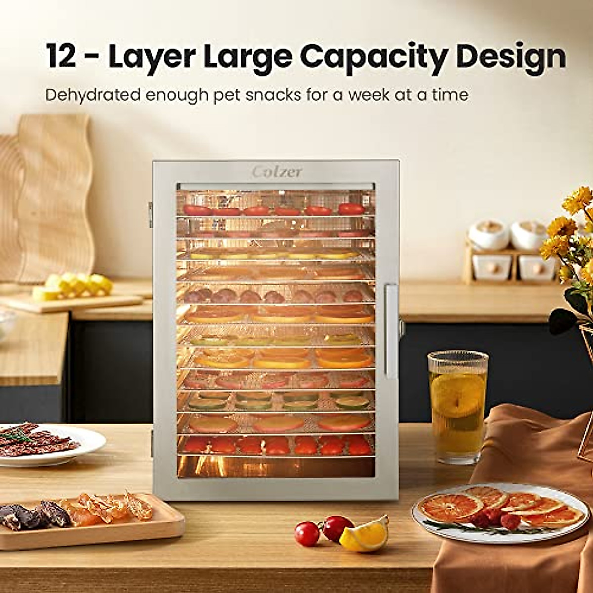 COLZER Food Dehydrator 12 Stainless Steel Trays, Food Dryer for Fruit, Meat, Beef, Jerky, Herbs, with Adjustable Timer and Temperature Control