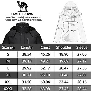 CAMEL CROWN Men's Mountain Snow Waterproof Ski Jacket Detachable Hood Windproof Fleece Parka Rain Jacket Winter Coat Black, X-Large
