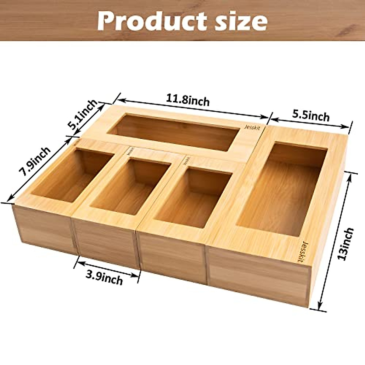 Jesskit Ziplock Bag Organizer for Kitchen Drawer, 5 Pieces Bamboo Food Storage Bag Holders Compatible with Gallon, Quart, Sandwich, Snack, Candy Variety Size Bags