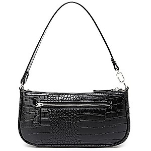 Retro Classic Crocodile Pattern Clutch Shoulder Tote HandBag with Zipper Closure Small Purse for Women (Black)