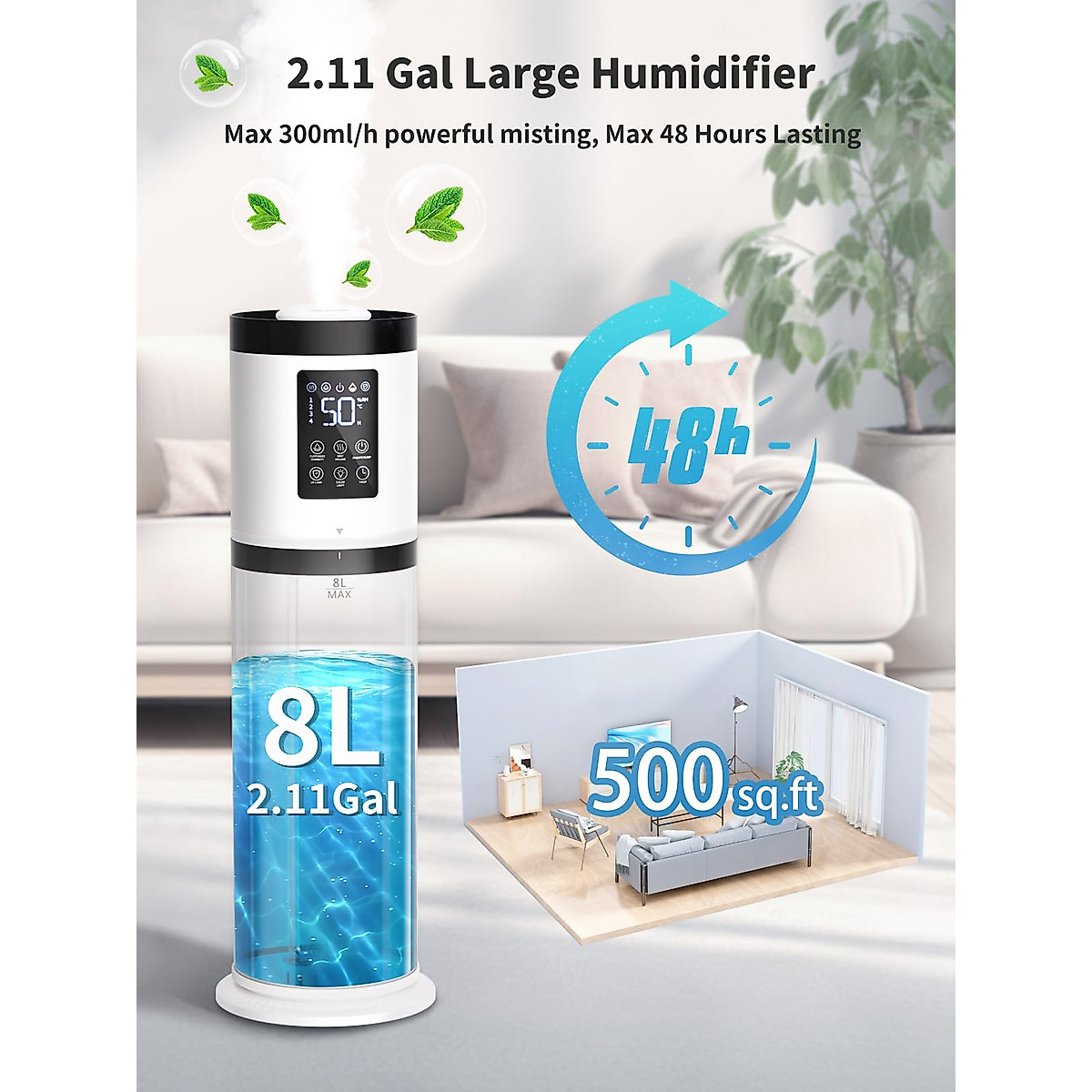 Humidifiers for Bedroom Large Room, 8L Large Capacity Cool Mist Humidifier, Air Humidifiers for Home, Smart Humidity Setting, Easy Top Fill, Sleep Mode, Essential Oil Box & Ambient Light, Auto Shutoff