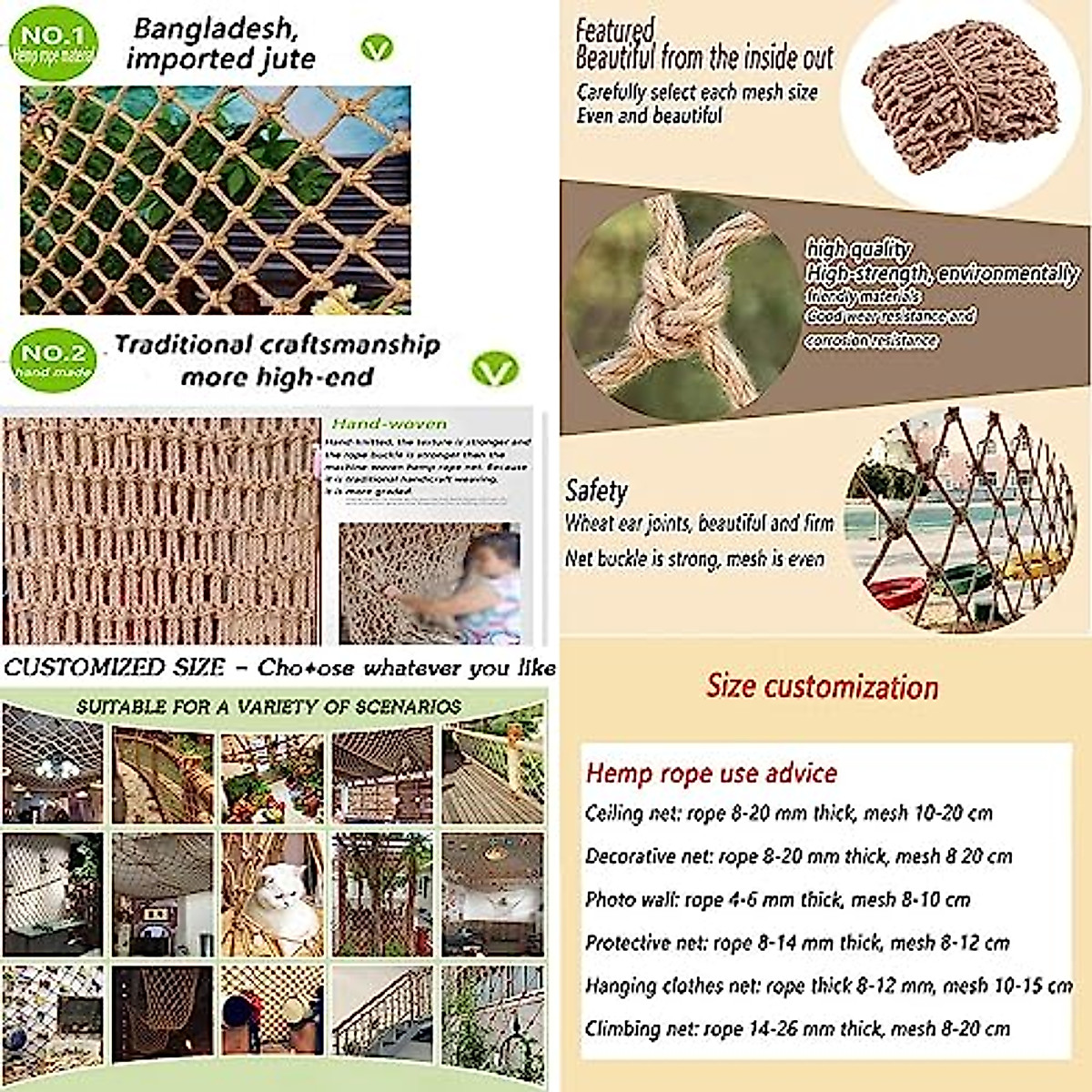 KACQIHTU Safety Hemp Rope Net Kids Climbing Safety Net Children Safety Rope Net Balcony Stairs Fence Garden Playground Protection Net Indoor & Outdoor Decor Rope Net