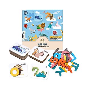 SSol & Sam Korean Alphabet Learning Toys – Hangul – Learn Korean for Kids, Toddlers and Beginners, Animal Pattern Board Matching Puzzle with Wooden Letters and Flash Cards