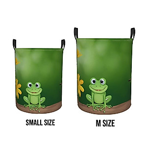 Delerain Frog Yellow Flower Laundry Basket, Waterproof Laundry Hamper with Handles, Collapsible Toy Bins Dirty Clothes Round Storage Basket for Home Bathroom Office Nursery, 19.6X15.7(M)