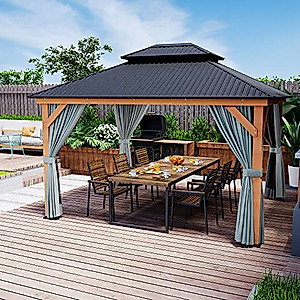 HAPPATIO 11' × 13' Wood Gazebo, Outdoor Hardtop Gazebo with Mosquito Netting and Curtains, Double Metal Roof Patio Gazebo Hard Top Gazebo for Garden, Patio, Deck, Parties (Grey)