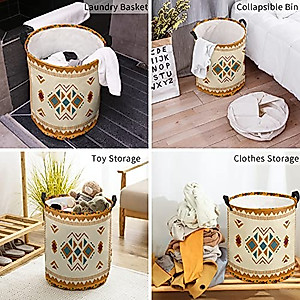 Southwest Large Laundry Basket, Waterproof Laundry Hamper for Baby Clothes, Western Orange Blue Geometric Ethnic Classic Art Foldable Laundry Baskets with Handles, 13.8''x17''