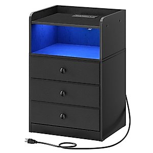 CHOEZON Nightstand with Charging Station and LED Light, Side Table with 3 Fabric Drawers Chest, End Table with USB Ports and Outlet, Bedside Table for Living Room, Bedroom, Black MBZ04UDBB