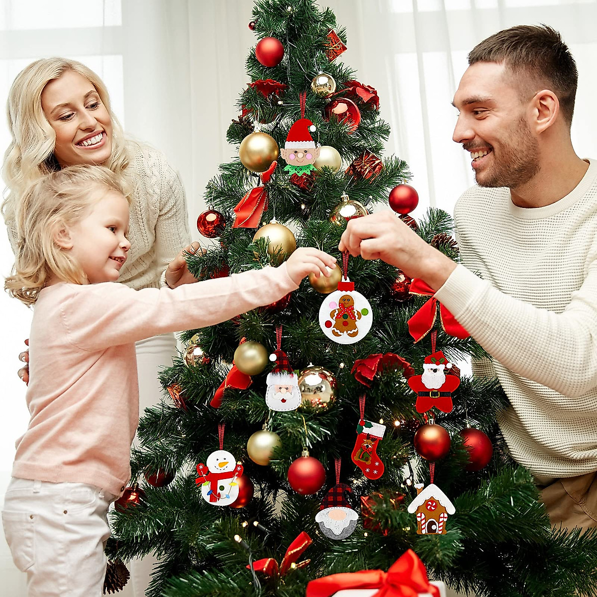 Skylety 8 Pieces 3D Christmas Tree Ornaments Set Felt Santa Elf Snowman Candy Cane Ornament, Christmas Stocking, Gnome Felt Decoration(Santa Claus)