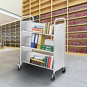VEVOR Book Cart, 200LBS Library Cart, 49.2''x35.4''x18.9'' Rolling Book Cart, Double Sided W-Shaped Sloped Shelves with Lockable Wheels for Home Shelves Office School Book Truck White