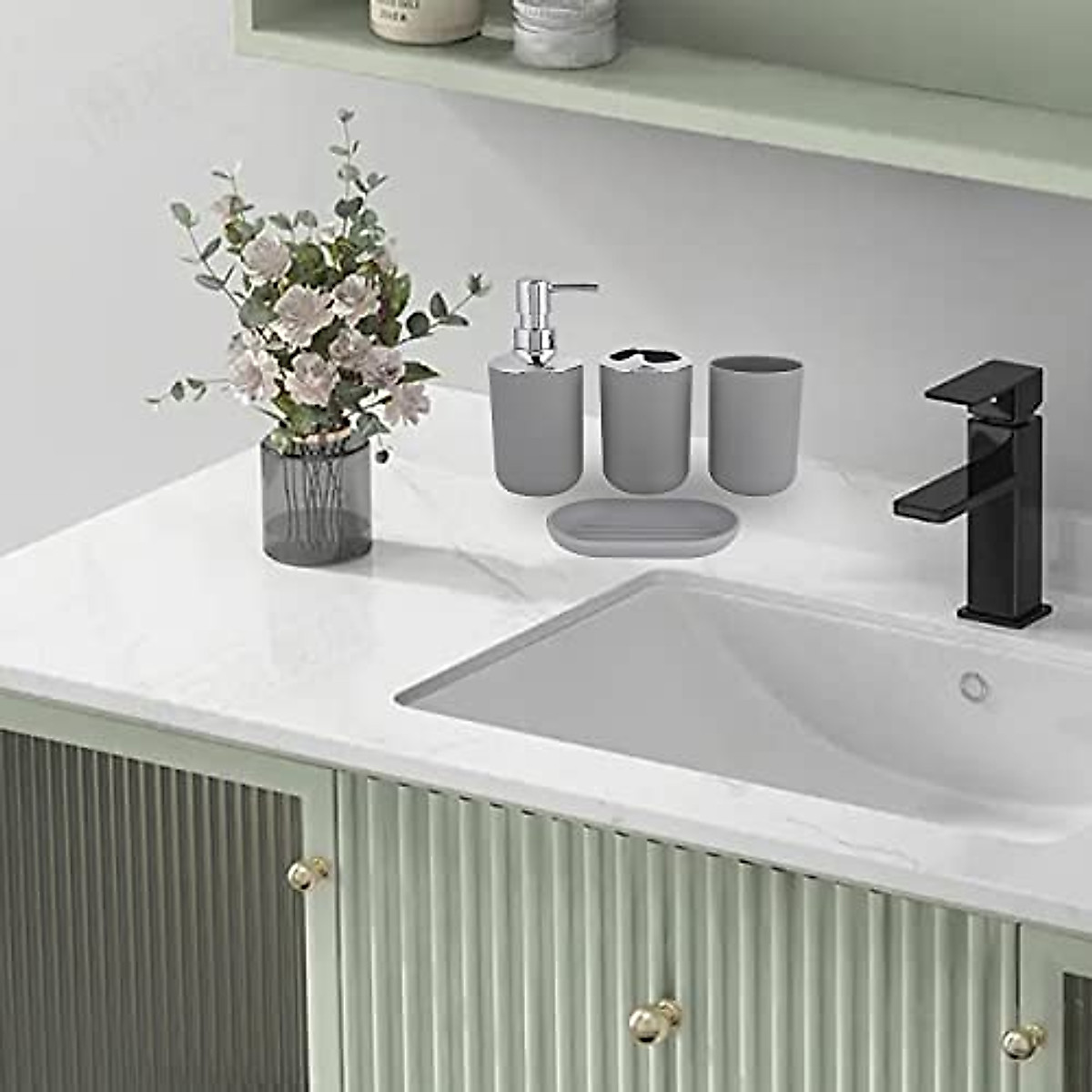 Jaugufiy Bathroom Accessory Set of 4, with Soap Dispenser Pump Bottle Toothbrush and Toopaste Holder Toothbrush Cup Soap Tray (Grey)