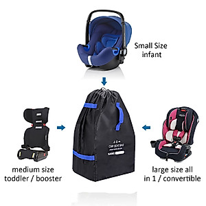 RAIFUJOIE Car Seat Bag Universal Fit Travel Bag Gate Check Bag with Adjustable Contrast Blue Back Straps with Padding Collapsible and Self Organizer Case Pocket