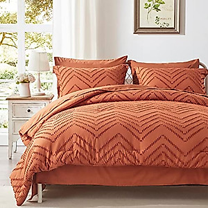 Anluoer Queen Comforter Set, Burnt Orange Tufted Bed in a Bag 7 Pieces with comforters and Sheets, All Season Bedding Sets with 1 Comforter, 2 PillowShams, 2 Pillowcases, 1 Flat Sheet, 1 Fitted Sheet