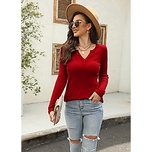 Women's V Neck Waffle Knit Henley Tops Casual Long Sleeve Pullover Sweater Blouses (Red, X-Large)