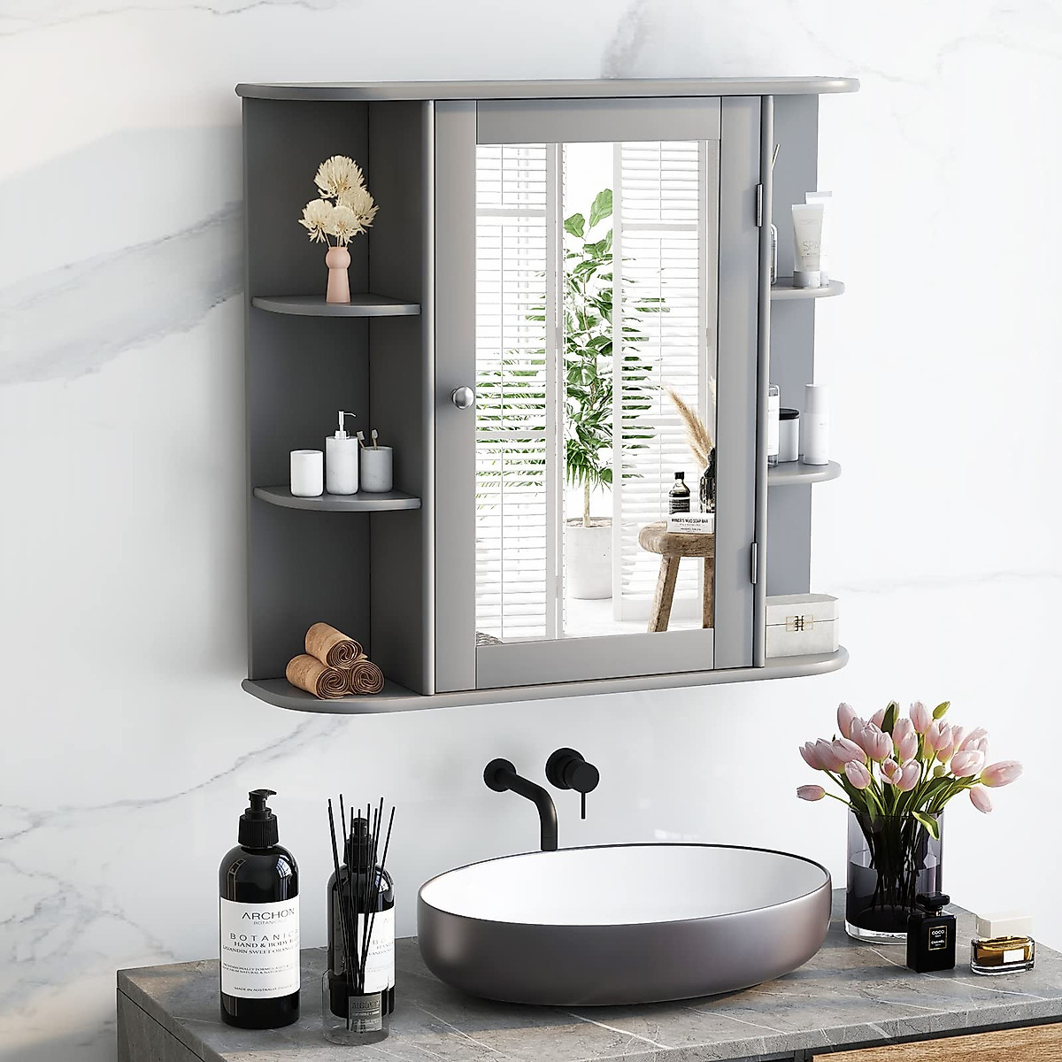 LOKO Bathroom Medicine Cabinet with Mirror, Wall Mounted Storage Cabinet with Mirrored Door, Open Shelves & Adjustable Shelves, Bathroom Wall Mirror Cabinet, 26 x 6.5 x 25 Inches (Grey)