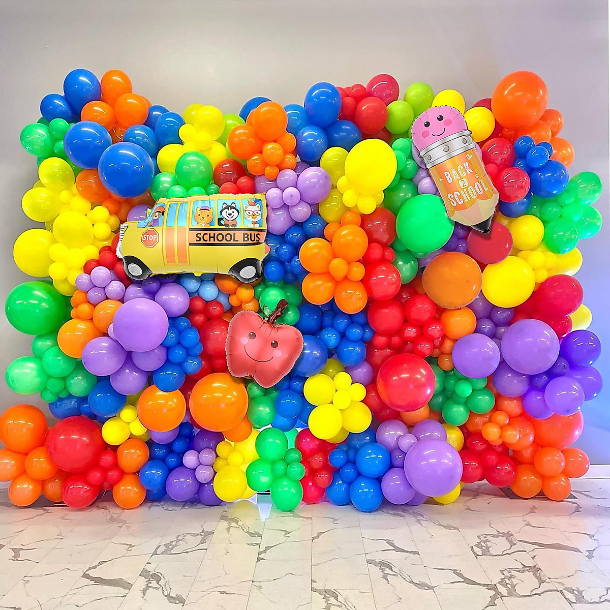 Back to School Balloon Arch Kit School Bus Pencil Foil Balloon with Rainbow Balloons for First Day of School Students Classroom Kindergarten Graduation Decorations