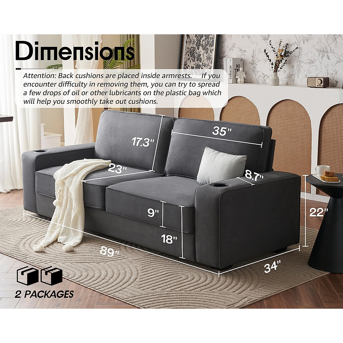 VanAcc Sofa, 89 inch Modern Sofa with USB Charging Ports & Cup Holders, Deep Seat Sofa Couch- Comfy Couch for Living Room (Charcoal Grey Chenille)