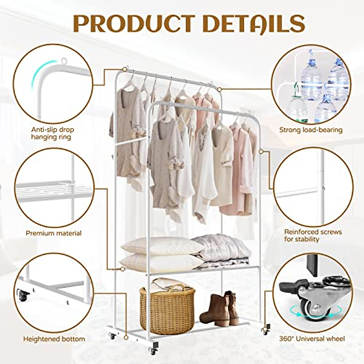 Metal Clothes Hanging Rolling Garment Rack with 2 Tier Shelves and Double Rod, Multi-Purpose Double Rail Standing Closet Storage Organizer, Upgrade Heavy Duty Rolling Pipe Coat Hanger for Boxes Shoes