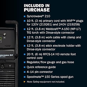 Miller 951684 Syncrowave 210 TIG MIG Spoolmate 150 Package - Multiprocess Stick, MIG & AC/DC TIG Welder Machine - Multi Process Welding Machine with TIG Torch, Foot Control & MIG Welder Gun