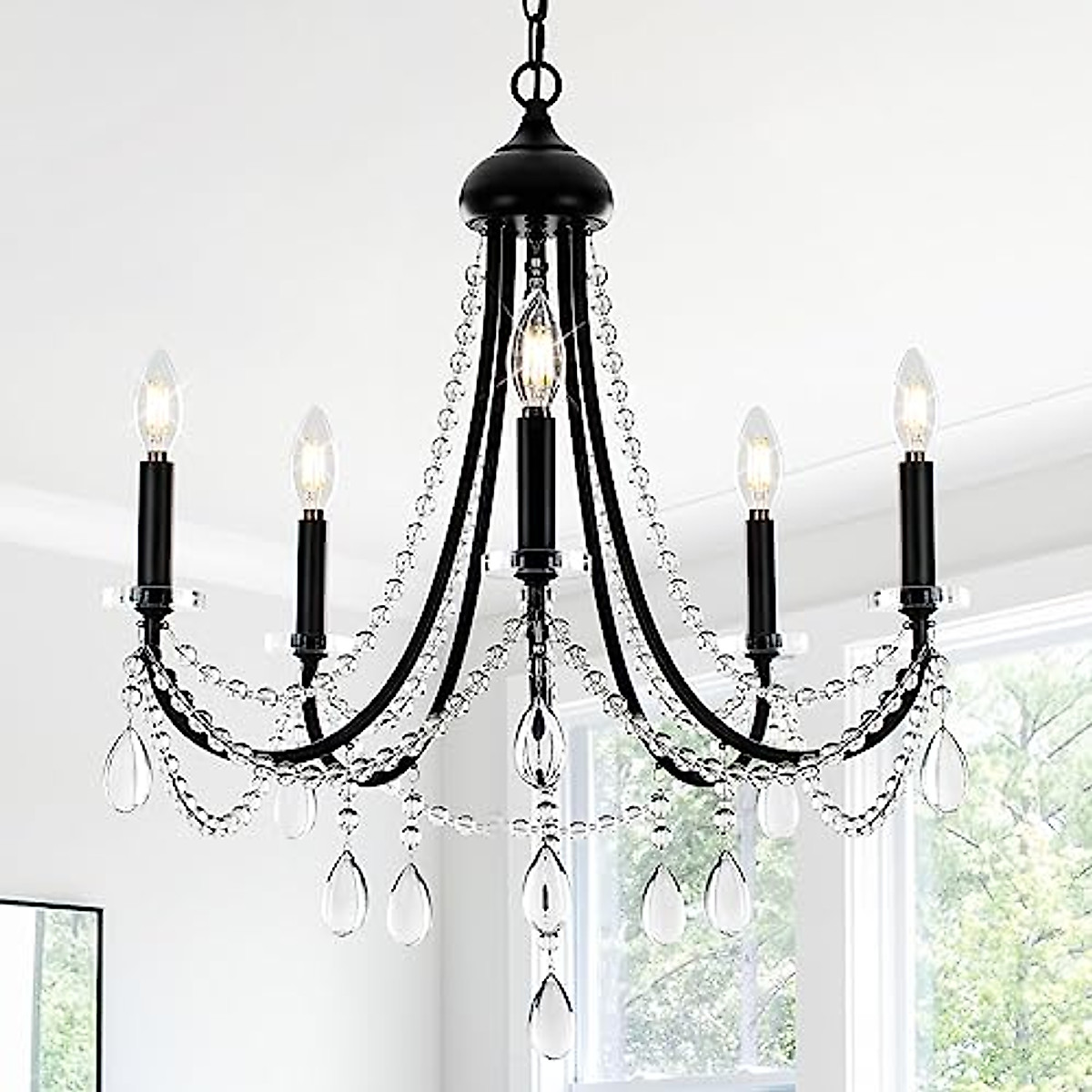 Senyshilon Black Crystal Chandeliers for Dining Room Light Fixtures Over Table, Farmhouse 5 Lights Rustic Candle Chandelier for Living Room Kitchen Island Bedroom Entryway