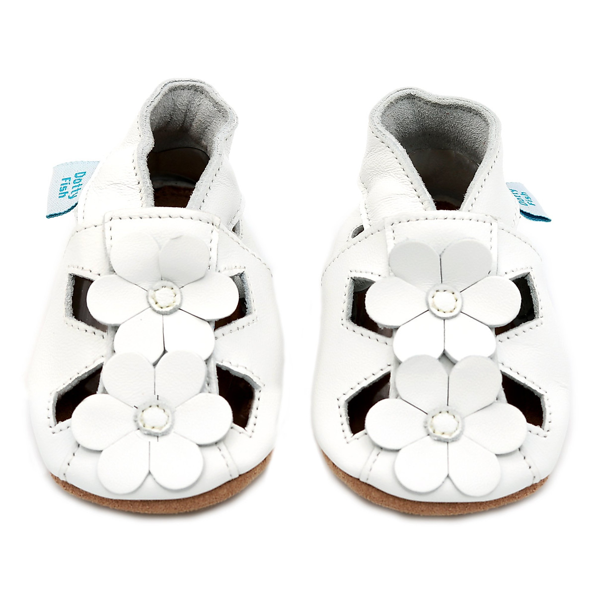 Dotty Fish Soft Leather Infant Toddler Sandals. White Flowers. 12-18 Months
