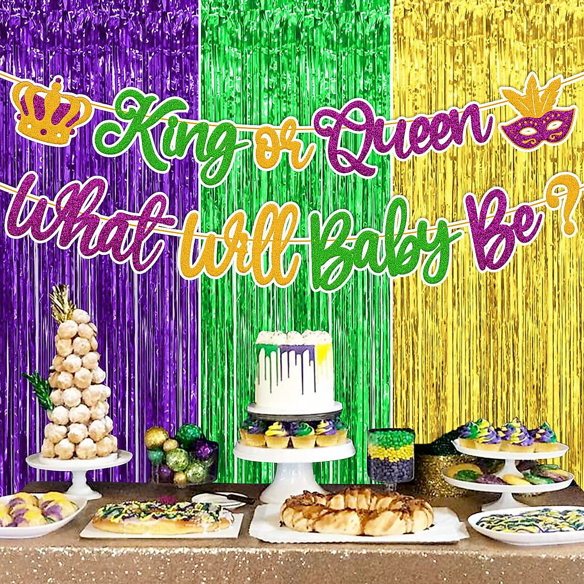 Mardi Gras Gender Reveal Decorations King Or Queen What Will Baby Be Banner Foil Curtains Backdrop Carnival Fleur De Lis Shrove Fat Tuesday New Orleans Masquerade Theme Baby Shower Party Supplies
