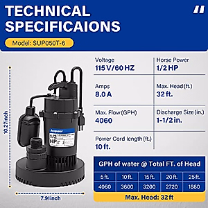 Acquaer 1/2HP Sump Pump, 4060GPH Submersible Clean/Dirty Water Pump with Adjustable Float Switch for Garden Pool,Basement, Flooded House , Hot Tub and Irrigat&Acquaer 1-1/2" x 50 FT Pool Backwash Hose