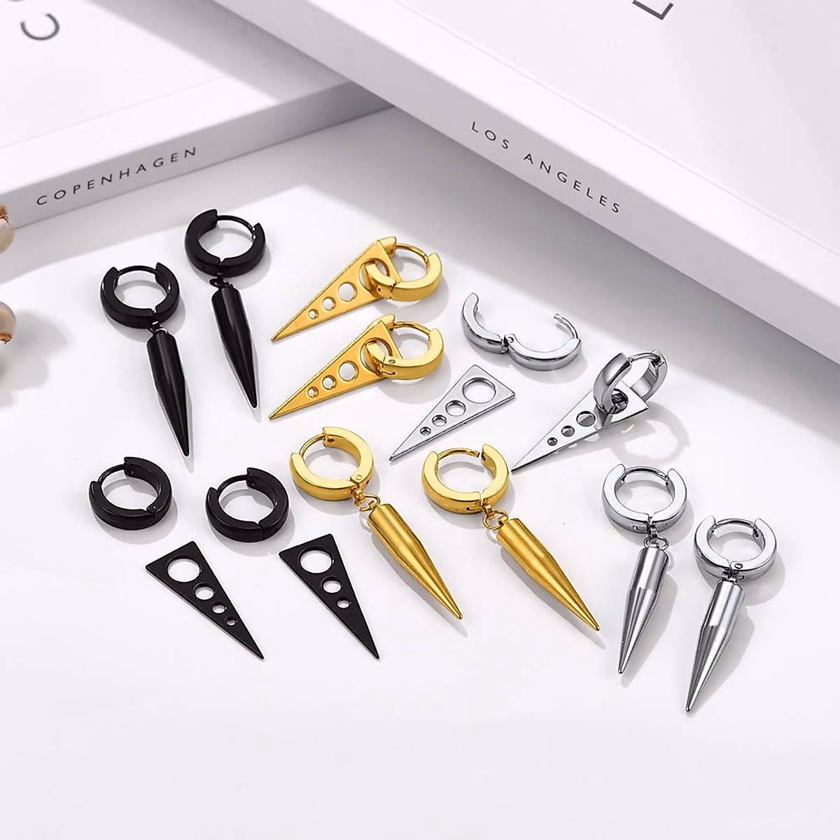 Black Earrings Cool Mens Dangling Hoop Goth Gothic Punk Steel Spike Dangle Dangly Earrings For Men Man Women