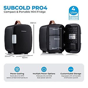 Subcold Pro4 Luxury Mini Fridge Cooler 4 Litre / 6 Cans AC & Exclusive USB ECO Power Option | Portable Small Refrigerator For The Office, Bedroom, Car, Travel, Skincare & Cosmetic (Black)