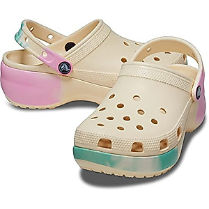 Crocs Women's Classic Graphic Platform Clogs, Platform Shoes, Vanilla/Multi, 8 Women