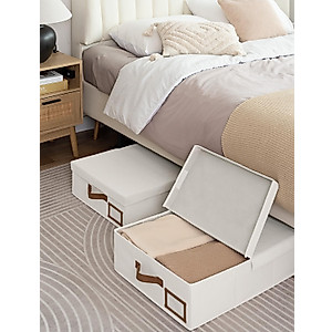 StorageWorks Under Bed Storage with Lid, Underbed Storage Containers with Handles, Underbed Organizer for Bedroom, Foldable Clothing Storage Bins, Box for Blankets, Large, Beige, 2-Pack