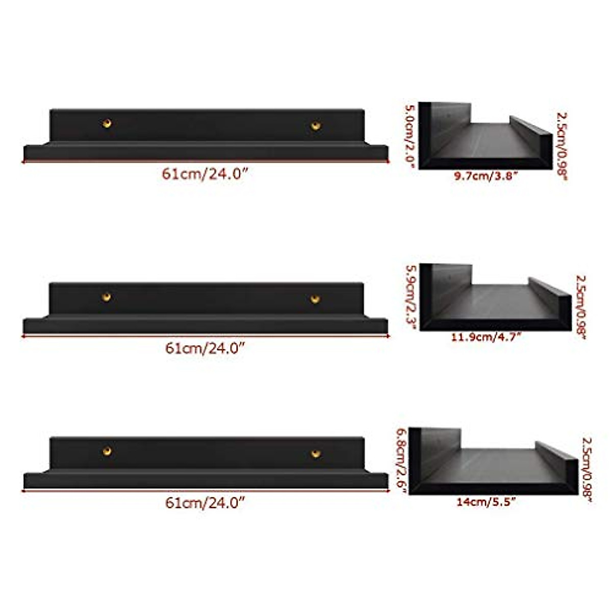 Lavezee 24 Inch + 36 Inch Black Floating Wall Ledge Shelves Set of 3