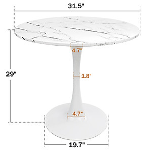 Round Dining Table White Faux Marble Kitchen Dining Table 31.5" Modern Mid-Century Leisure Tulip Table with Pedestal Base for Dining Room 2 to 4 Person