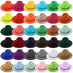 Janmercy 36 Pcs Classic Large Brim Hat for Women Bulk Adjustable Felt Panama Hat with Belt Buckle Vintage Wool Large Brim Hat, Assorted Colors