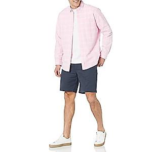 Amazon Essentials Men's Long Sleeve Shirts Casual - Regular-Fit Pocket Oxford, Pink White Windowpane, Large