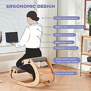 MoomJiee Ergonomic Kneeling Chair,Adjustable Rocking Knee Chair for Home Office,Wooden Office Chair for Back Pain Relief,Grey