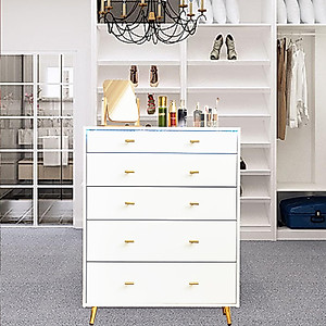 JanflyHome 5 Drawer Dresser for Bedroom Tall, Glass Dresser with 20 Colors LED Lights as Jewelry Organize, Wood Chest of Drawers for Bedroom, Living Room, Cloakroom, Entryway, White