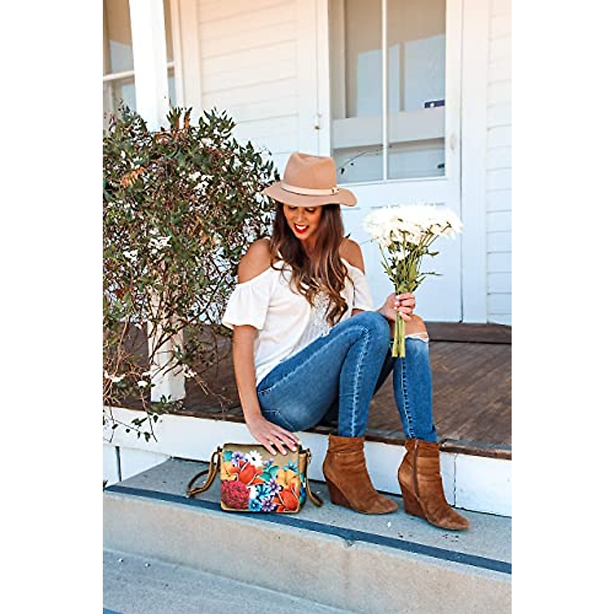 Anuschka Women’s Genuine Leather Medium Flap Crossbody Handbag - Hand Painted Exterior - Dreamy Floral