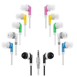 Deal Maniac 25 Pack Multi Color Kid's Wired Earbud Headphones, Disposable Earbuds, Individually Bagged, Perfect for Students in Classroom Libraries Schools, Bulk Wholesale