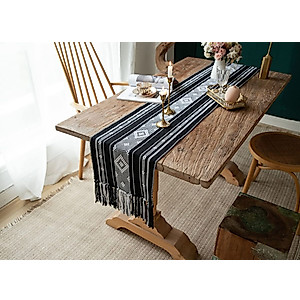 vgunama Boho Table Runner with Tassel 13.5x71Inch, Farmhouse Style Woven Table Runners, Linen Table Runner for Bedroom Party (Black and White)