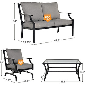 Grand patio Outdoor 4-Piece Patio Furniture Set Conversation Set with Olefin Cushions 2 Rocking Motion Chairs 1 Fixed Loveseat Glass Coffee Table, Dark Gray