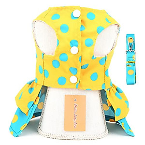 SMALLLEE_LUCKY_STORE Dog Harness Dress with Leash Set,Puppy Bow Princess Dress for Small Medium Dog Cat Girls Puppy Dress with D-Ring Female Dog Clothes Summer Pet Apparel,Yellow Retro Polka Dots,S