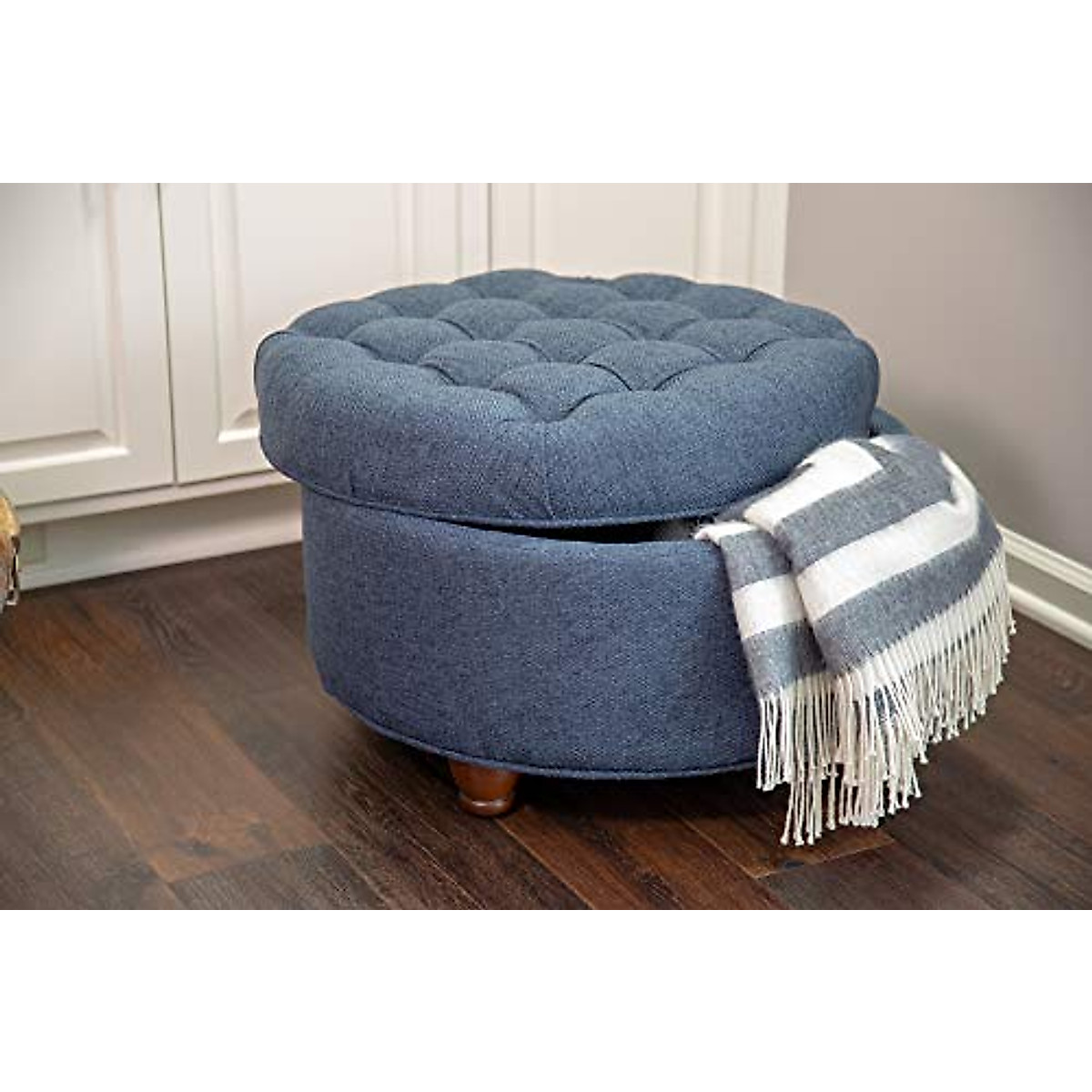 Homepop Home Decor | Large Button Tufted Woven Round Storage Ottoman | Ottoman with Storage for Living Room & Bedroom (Navy Woven) 25 inch D x 25 inch W x 15 inch H