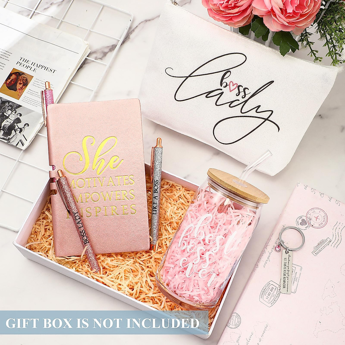 SiliFine 7 Pcs Boss Day Gift Sets Lady Thank You Gifts for Women Best Boss 16oz Glass Cup Makeup Bag Keychain A6 Notepad with 3 Ballpoints Pen Lady Leader Appreciation Day Christmas Favor(Pink)