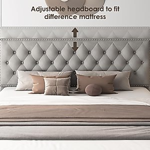 HOSTACK Queen Size Bed Frame with 4 Storage Drawers, Modern Upholstered Platform Bed with Adjustable Headboard,Button Tufted Bed Frame with Wood Slat Support,No Box Spring Needed(Grey, Queen)
