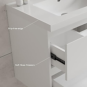JPND 30" Bathroom Vanity with Sink Combo, Wall Mounted Vanity Base Cabinet with Single Hole Sink and Two Soft Close Drawers, Handle-Free Design, White (Faucet and Drain not Included)