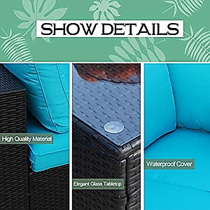 Polar Aurora 7 Pieces Outdoor Patio Sofa Set PE Rattan Wicker Sectional Furniture Outside Couch w/Blue Washable Seat Cushions & Modern Glass Coffee Table